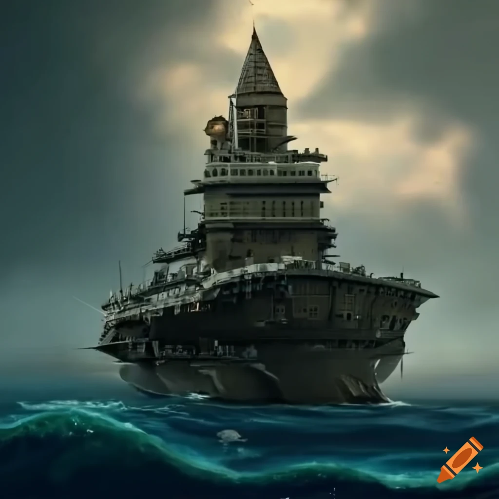 Imposing medieval aircraft carrier with stone tower and american flag ...