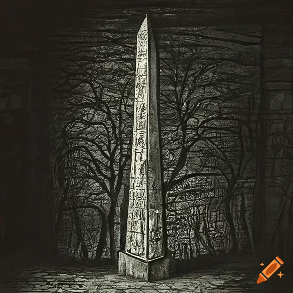 Edward gorey artwork of an ominous obelisk in a spooky corridor on Craiyon