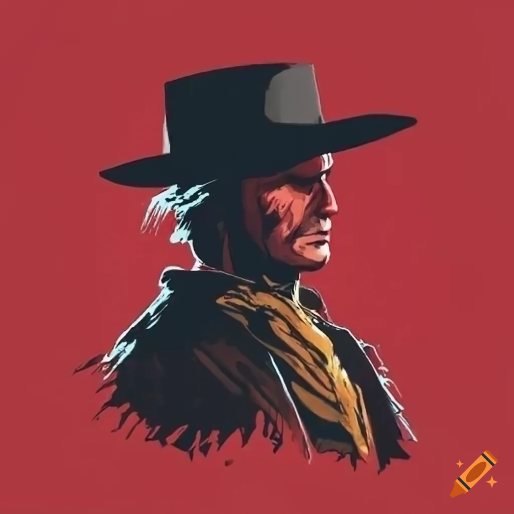 Rdr2 style cowboy profile on red background with black lines on Craiyon