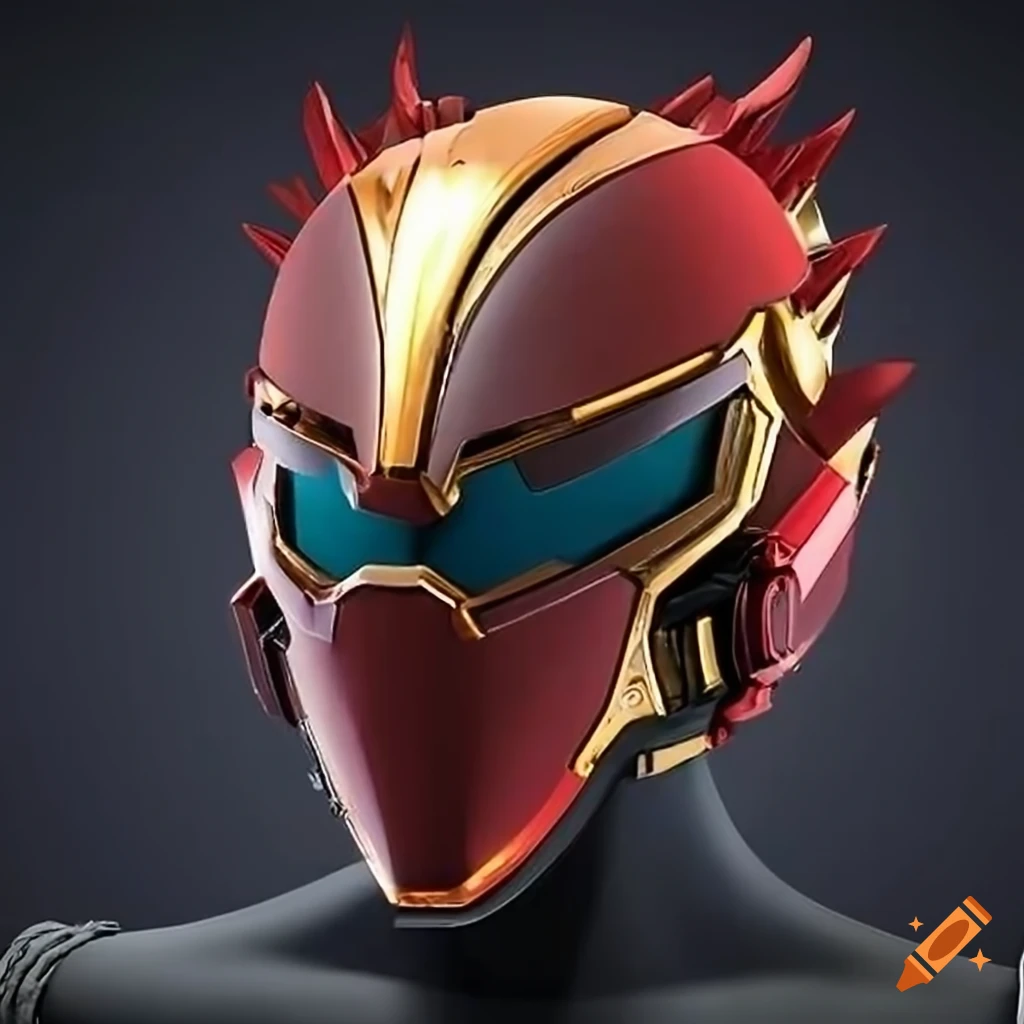 Sci-fi futuristic superhero combat helmet with red and gold accents on ...
