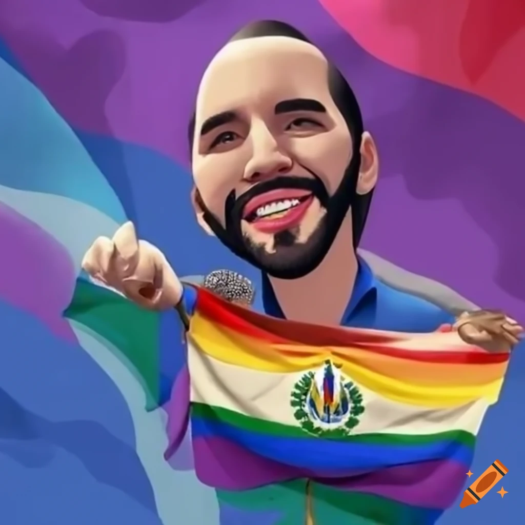 Nayib Bukele holding LGBTQ+ and El Salvador flags on Craiyon