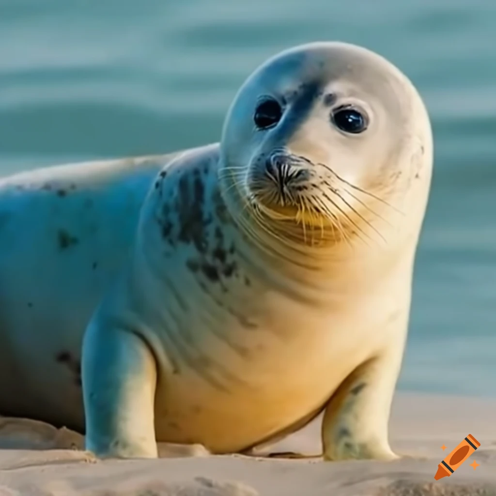 Adorable baby seals cuddling on the beach on Craiyon