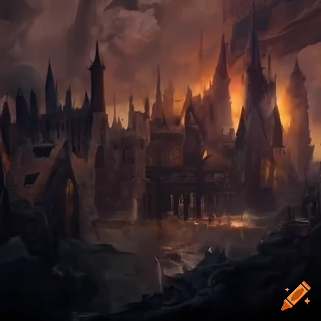 Medieval city destroyed by war and poverty in a dungeons and dragons ...