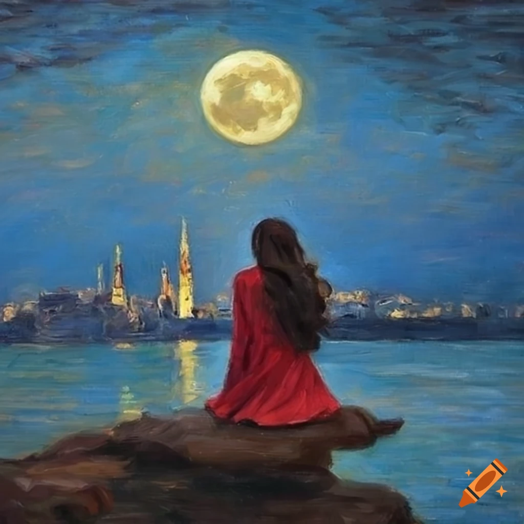 Monet-style oil painting of a woman with long wavy hair under a full ...