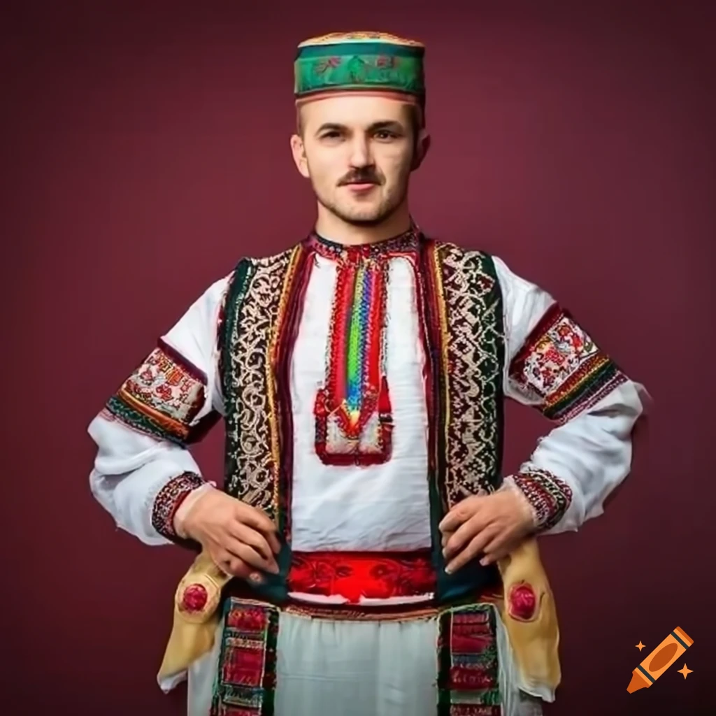 Proud man in Bulgarian traditional folk costume with intricate patterns ...