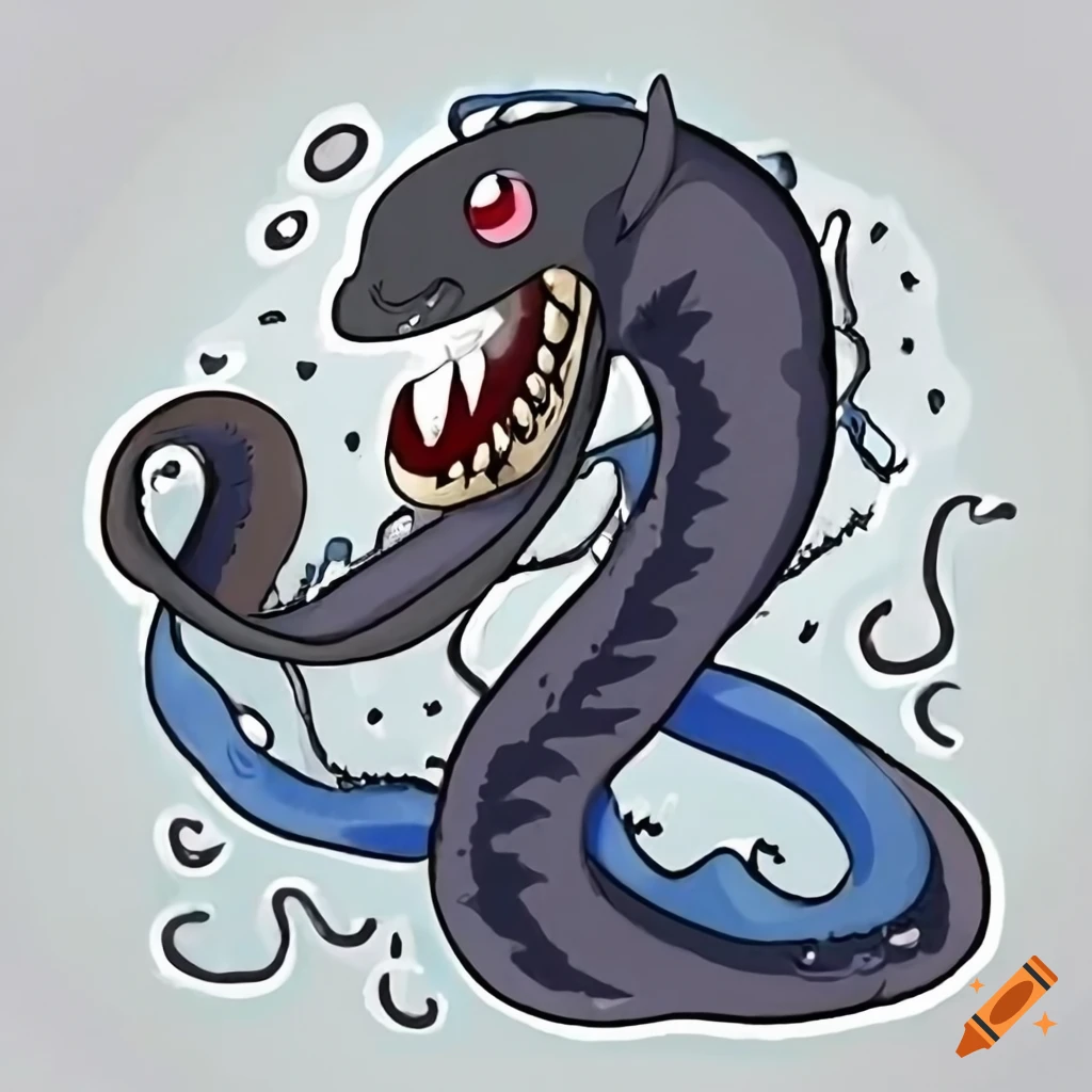 Chibi dark grey eel with red eyes and blue fins on Craiyon