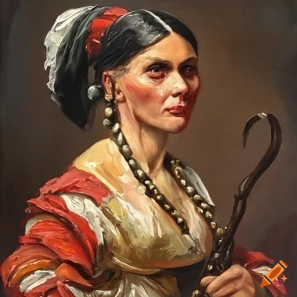 Heavy impasto oil painting of an intense mountain woman with a long ...