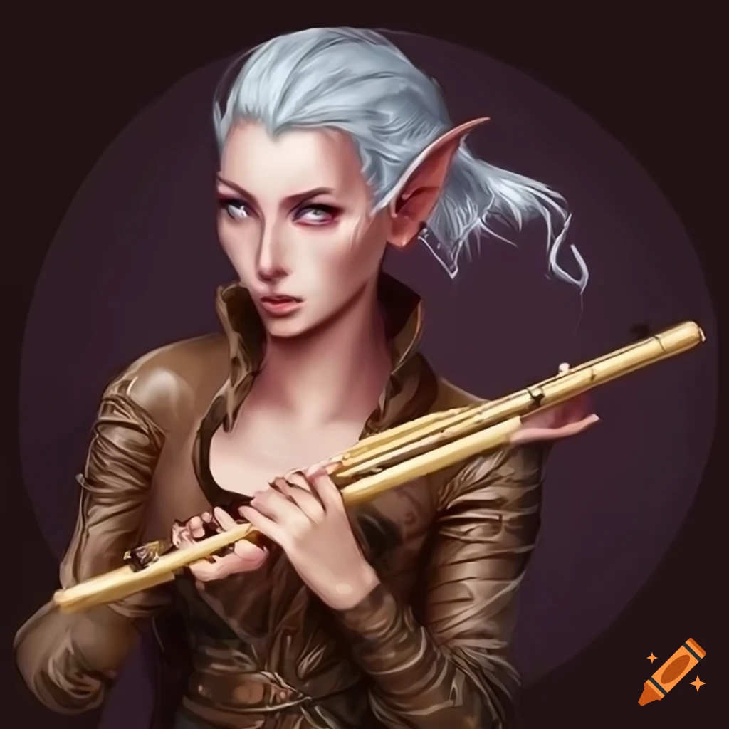 Young female half-elf playing a flute in green and brown leather attire on Craiyon