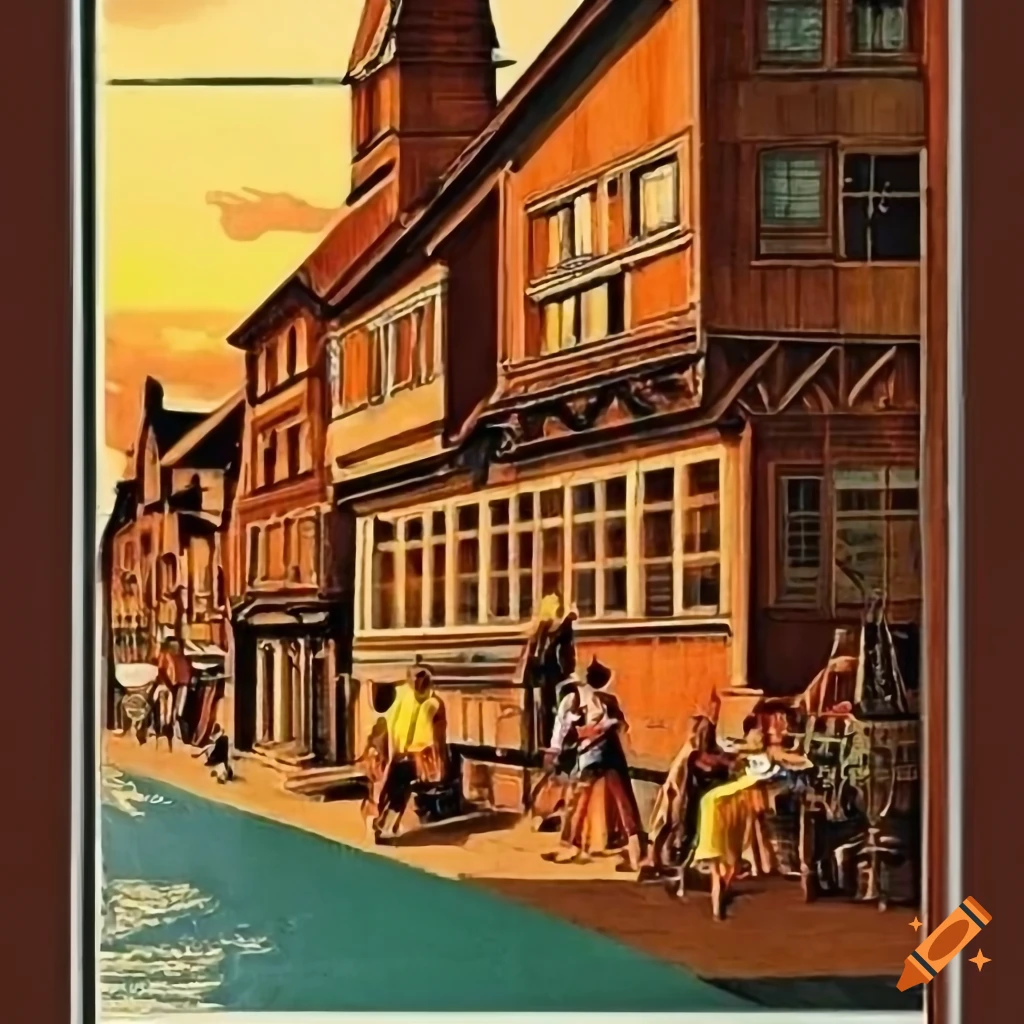 Vintage adventure travel poster featuring stave carvings and vibrant ...
