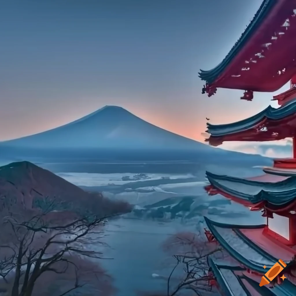 Ken Kaneki at Toji Gate with Mount Fuji in the background on Craiyon