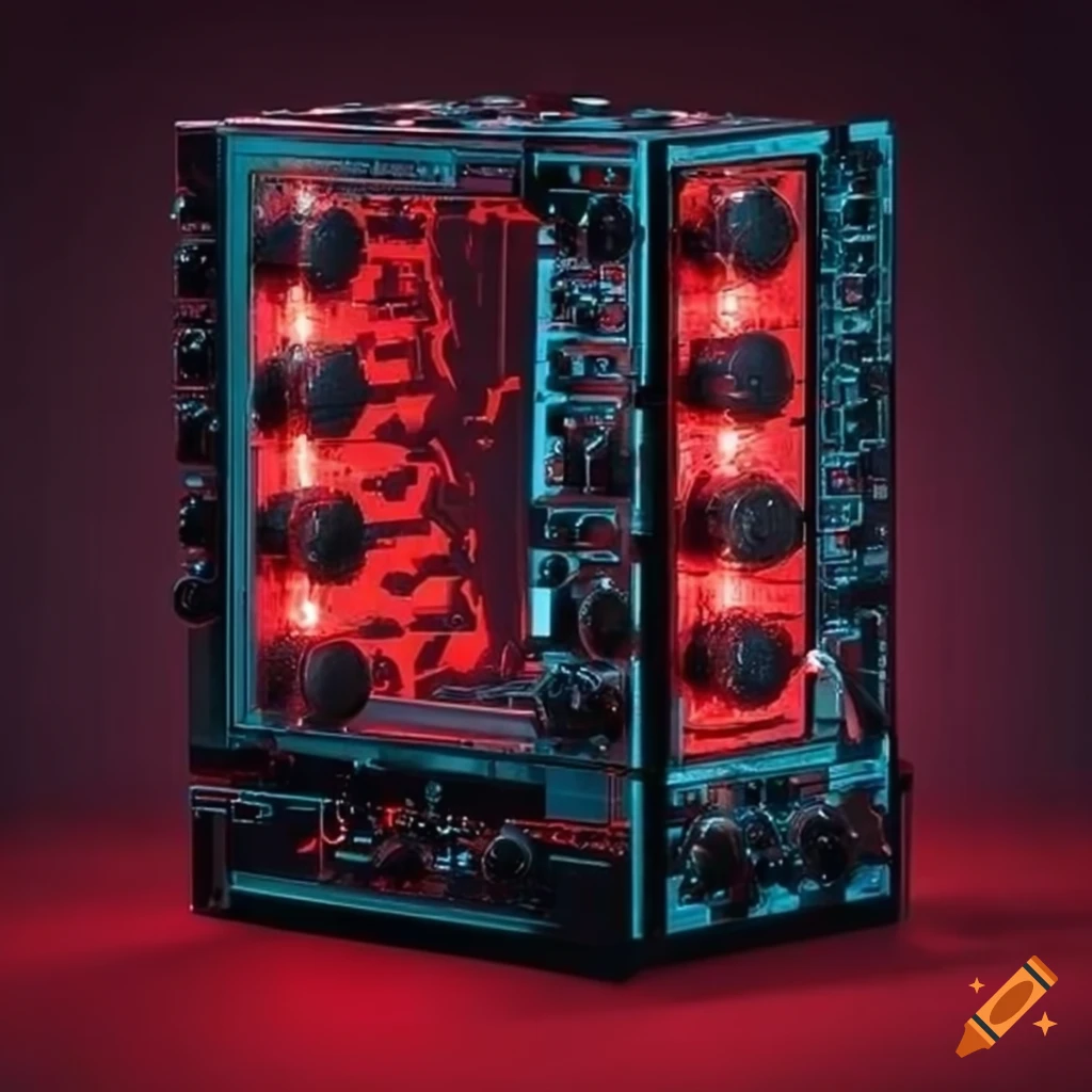 Red and black futuristic modular synthesizer with pots and screen on ...