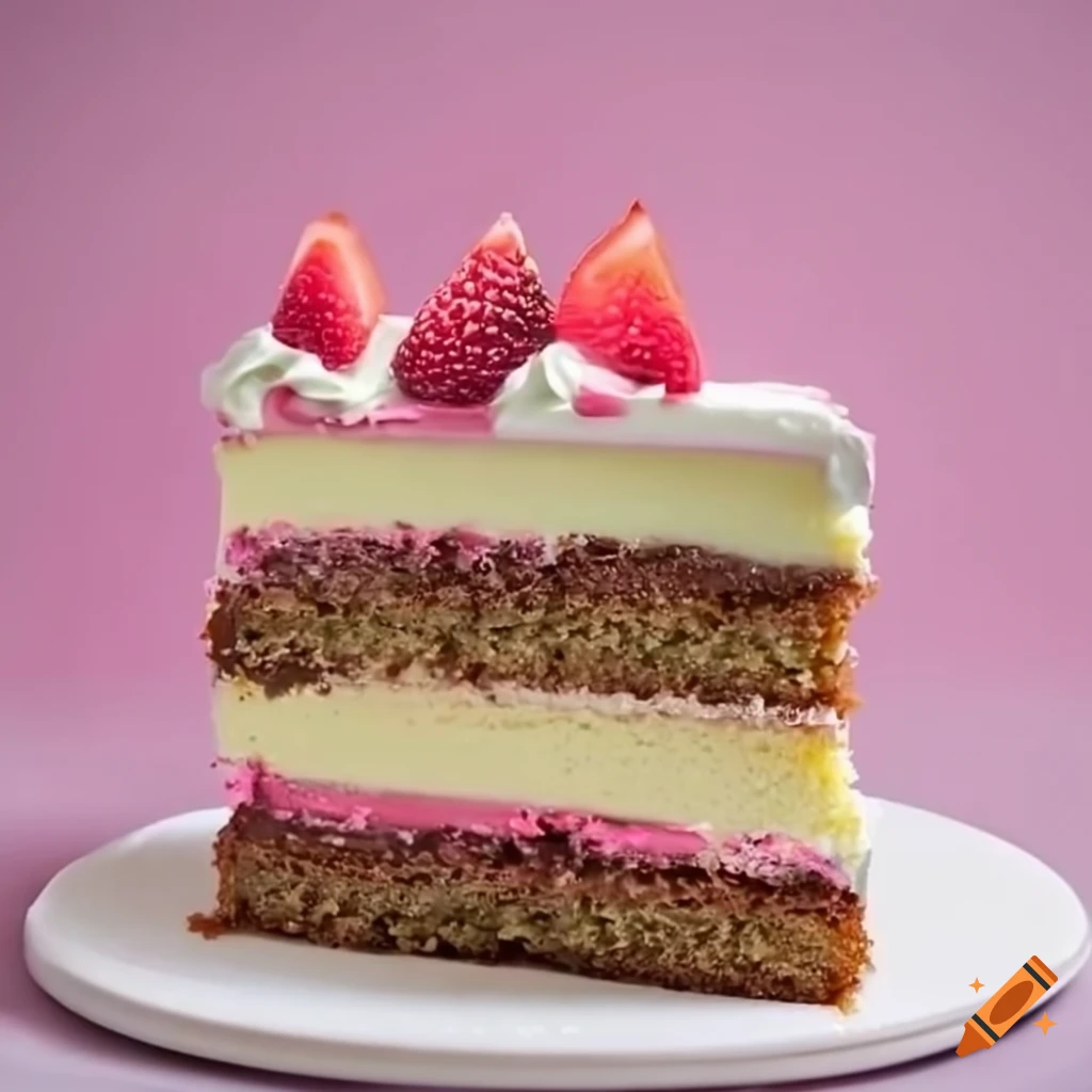 Slice of cake with cream-filled layers and pink icing on Craiyon