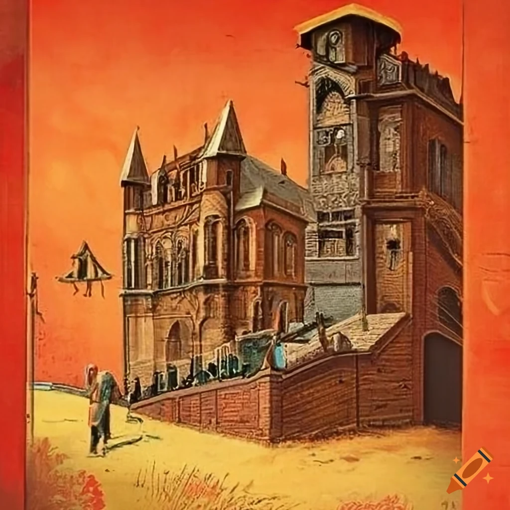 Vintage adventure travel poster with stave carvings, vibrant woodblock ...