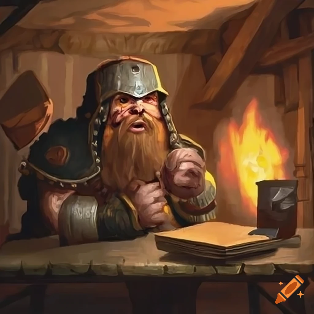 Dwarf with a beard at a wooden table in a medieval tavern for an RPG ...