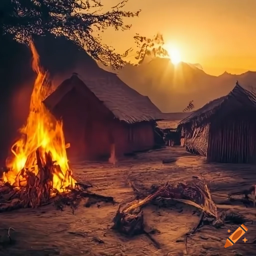 Sunrise in ancient latin american tribe with bonfire and huts on Craiyon
