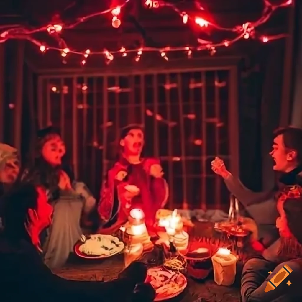 Cozy winter evening party on a verandah with people laughing and ...