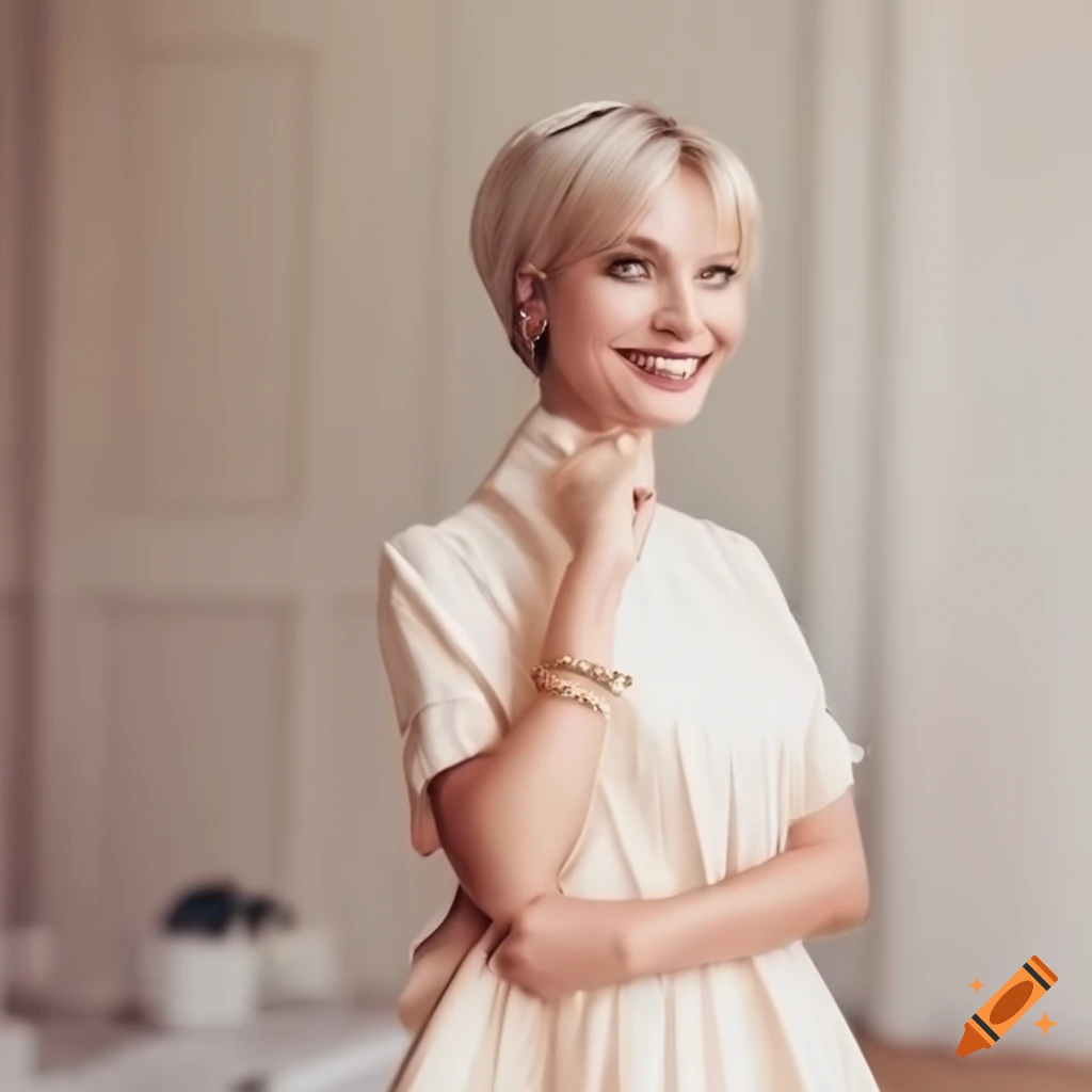 Smiling traditional woman with short blonde hair in modest dress on Craiyon