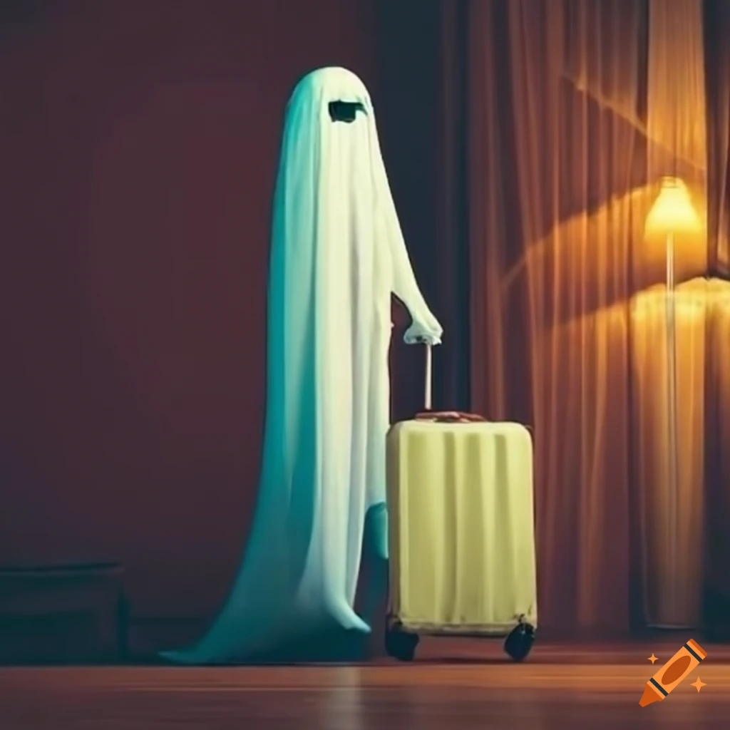 Ghost with a suitcase in a hotel setting on Craiyon