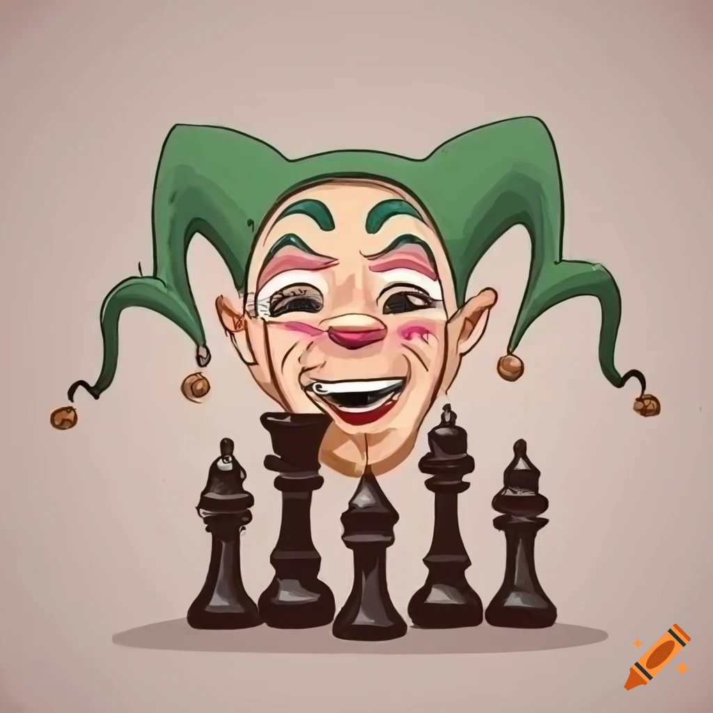 Jester cartoon in front of a chess board with 'Chesster' title on Craiyon
