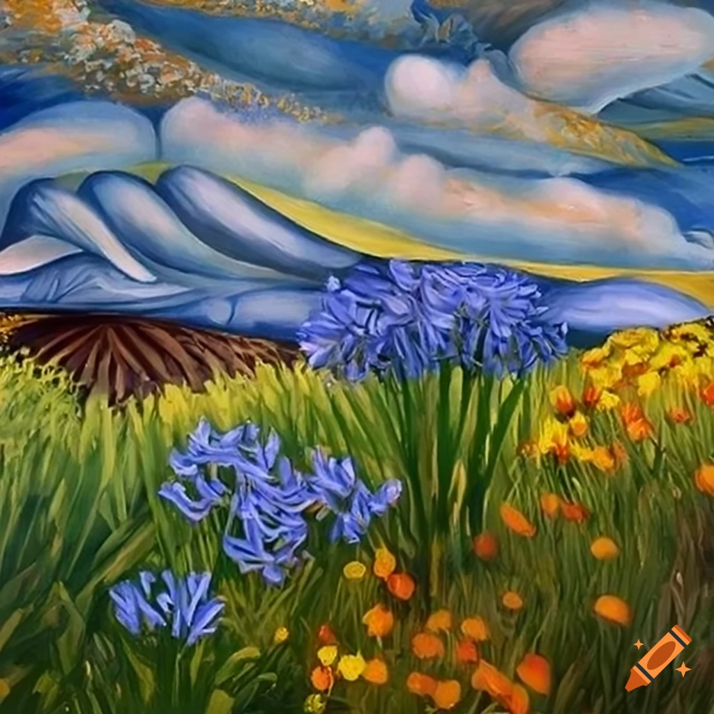 Mural panel illustration by Diego Rivera with blue radium flowers in ...