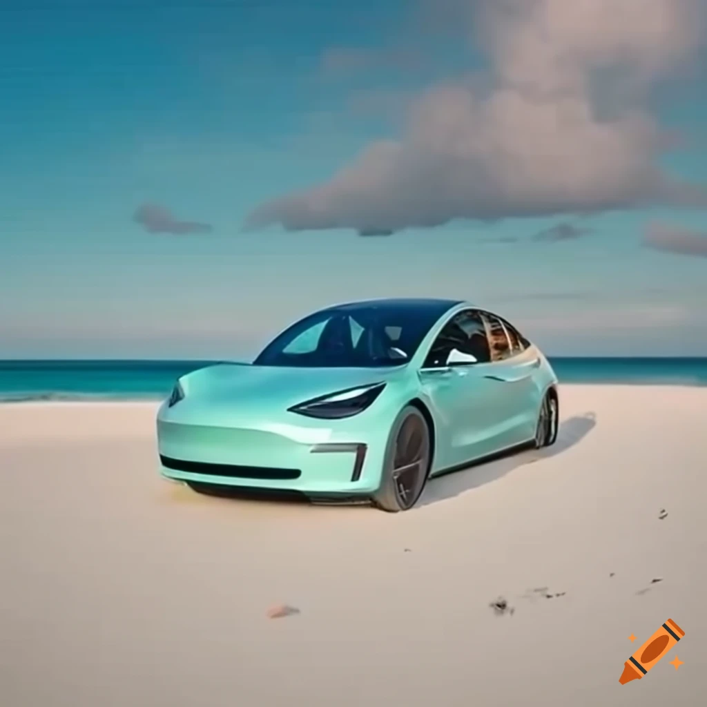Tesla Model 3 on a white sandy beach with palm trees on Craiyon