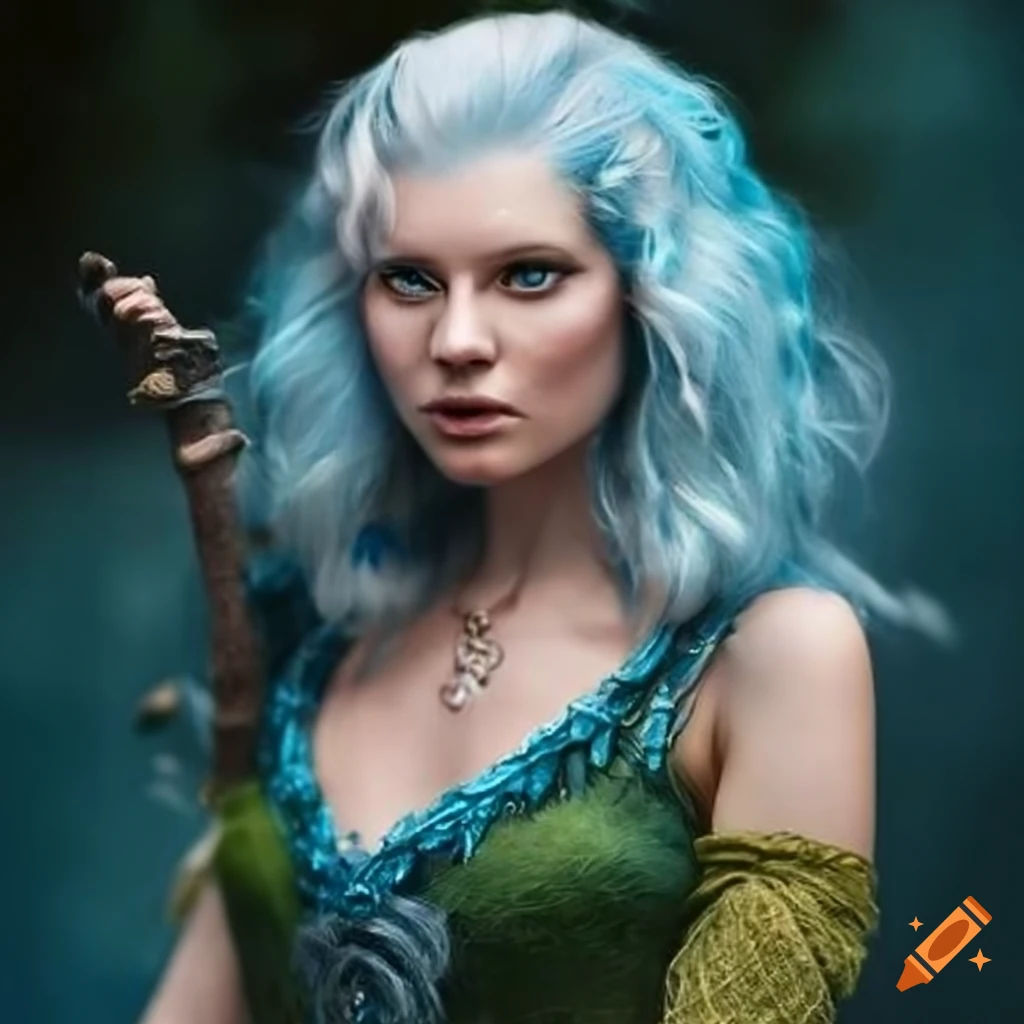 Young female dwarf druid with silvery-blue hair on Craiyon