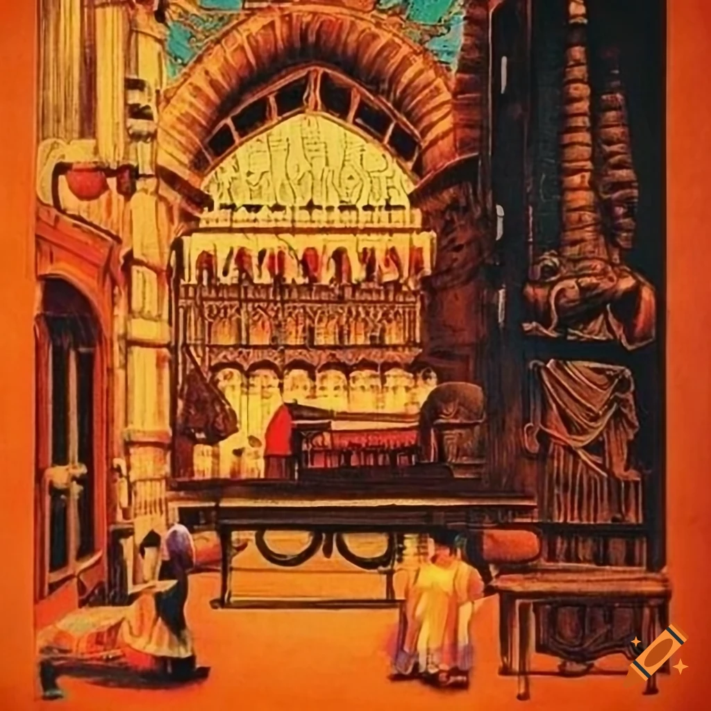 Vintage adventure travel poster with stave carvings and vibrant ...