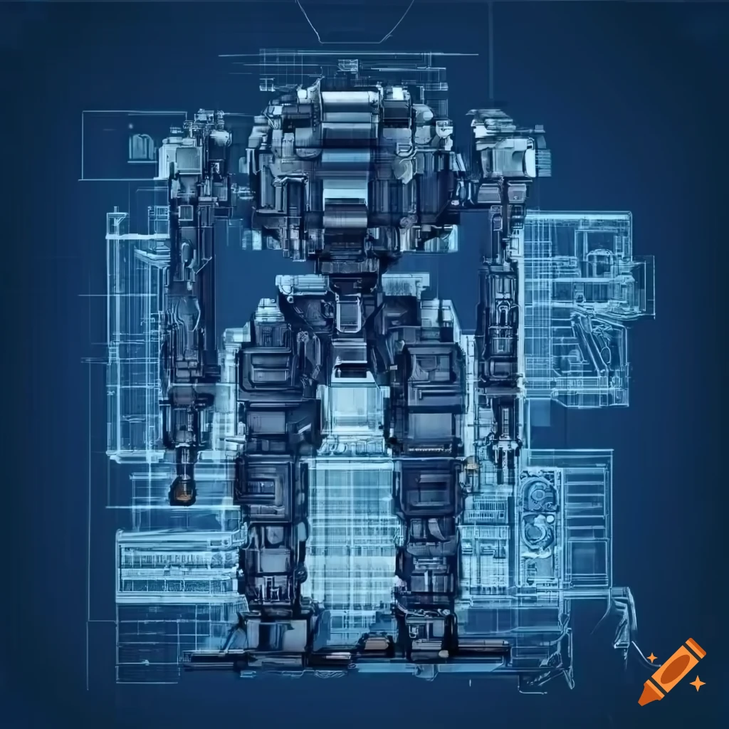 Detailed blueprint of a light mech with complex construction on Craiyon