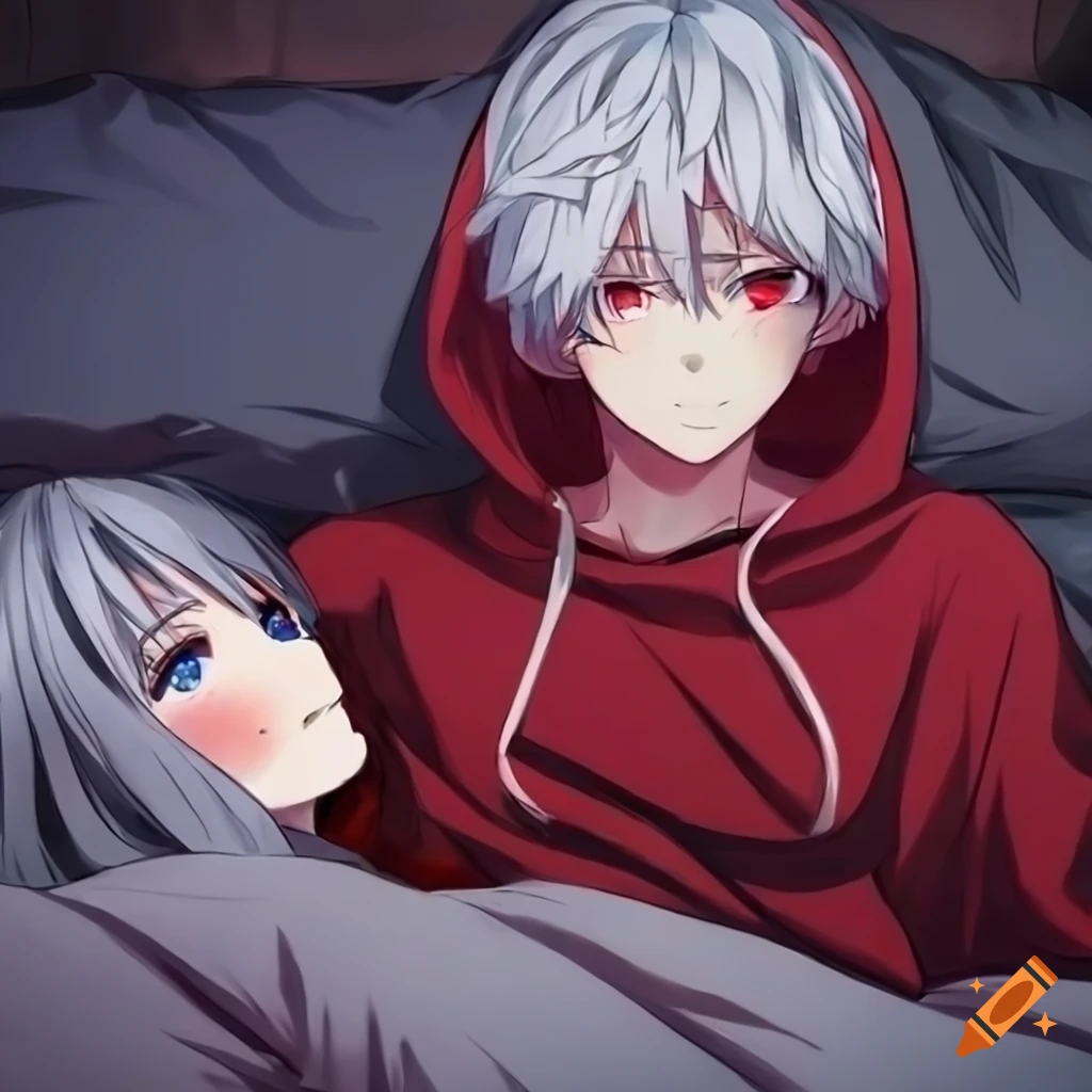 Anime Guy With White Hair And Gray Eyes Cuddling Girlfriend On Bed On