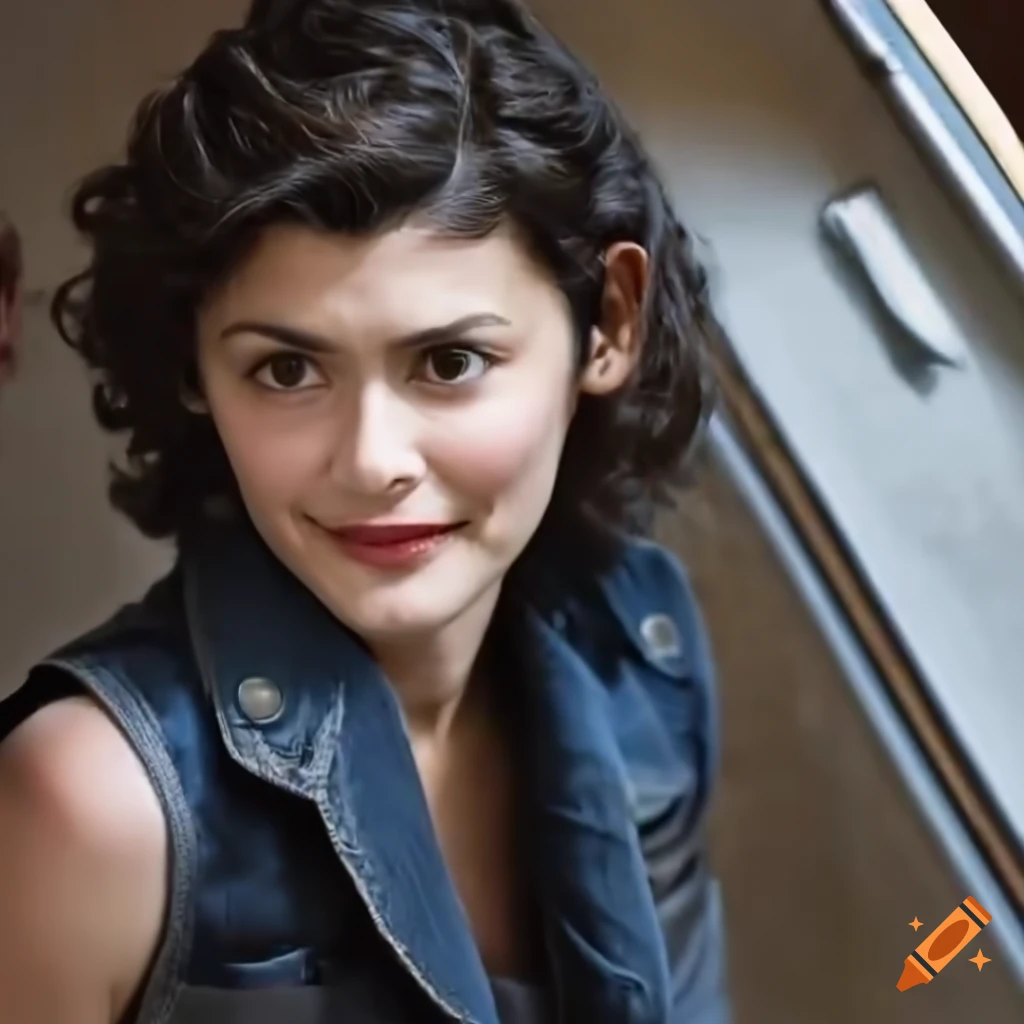 Young woman in outlaw biker style outfit standing in doorway on Craiyon