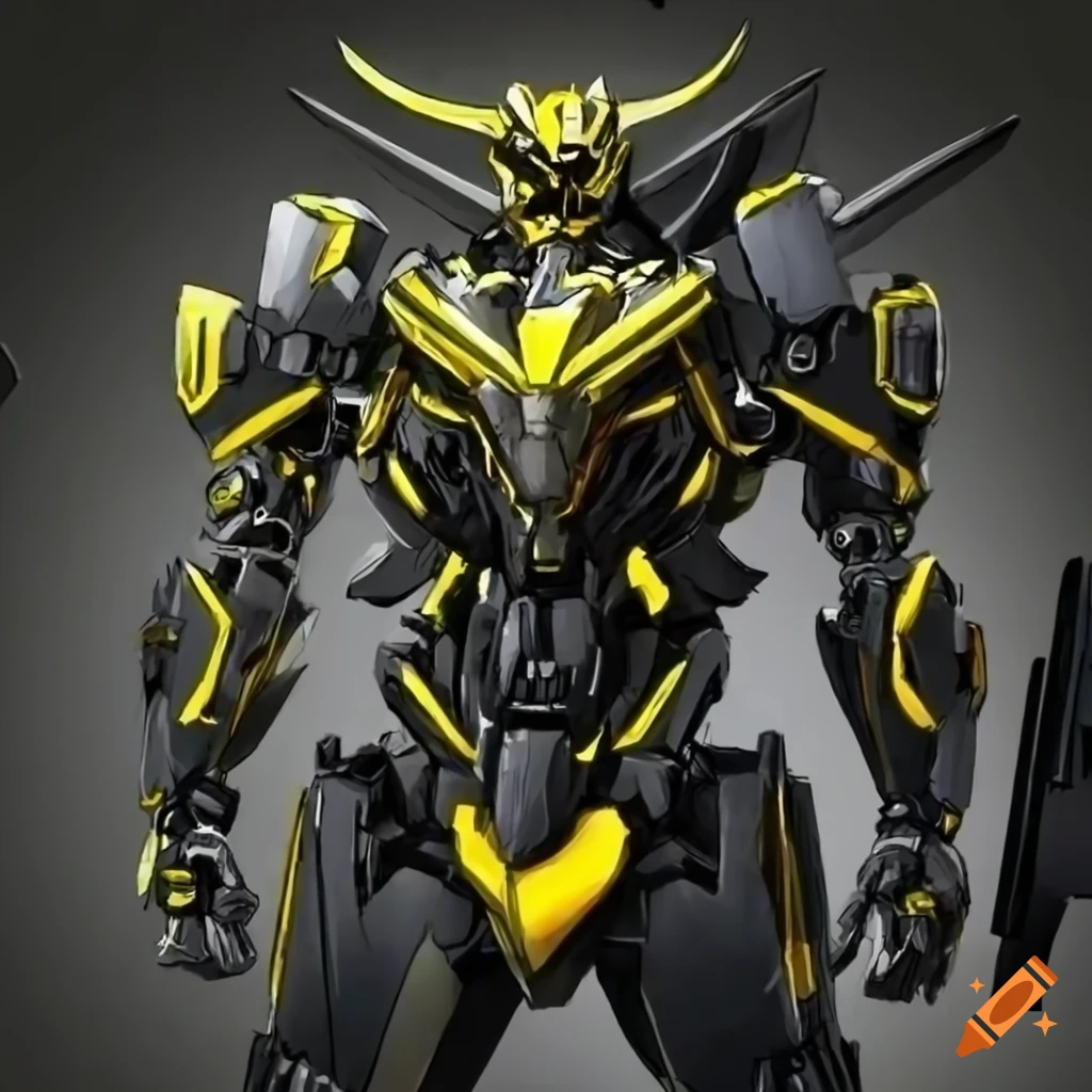 Black and yellow samurai-inspired mecha with a bull head, reminiscent ...