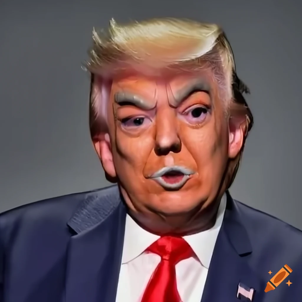 Satirical image of a heavily made-up Trump in a debate on Craiyon