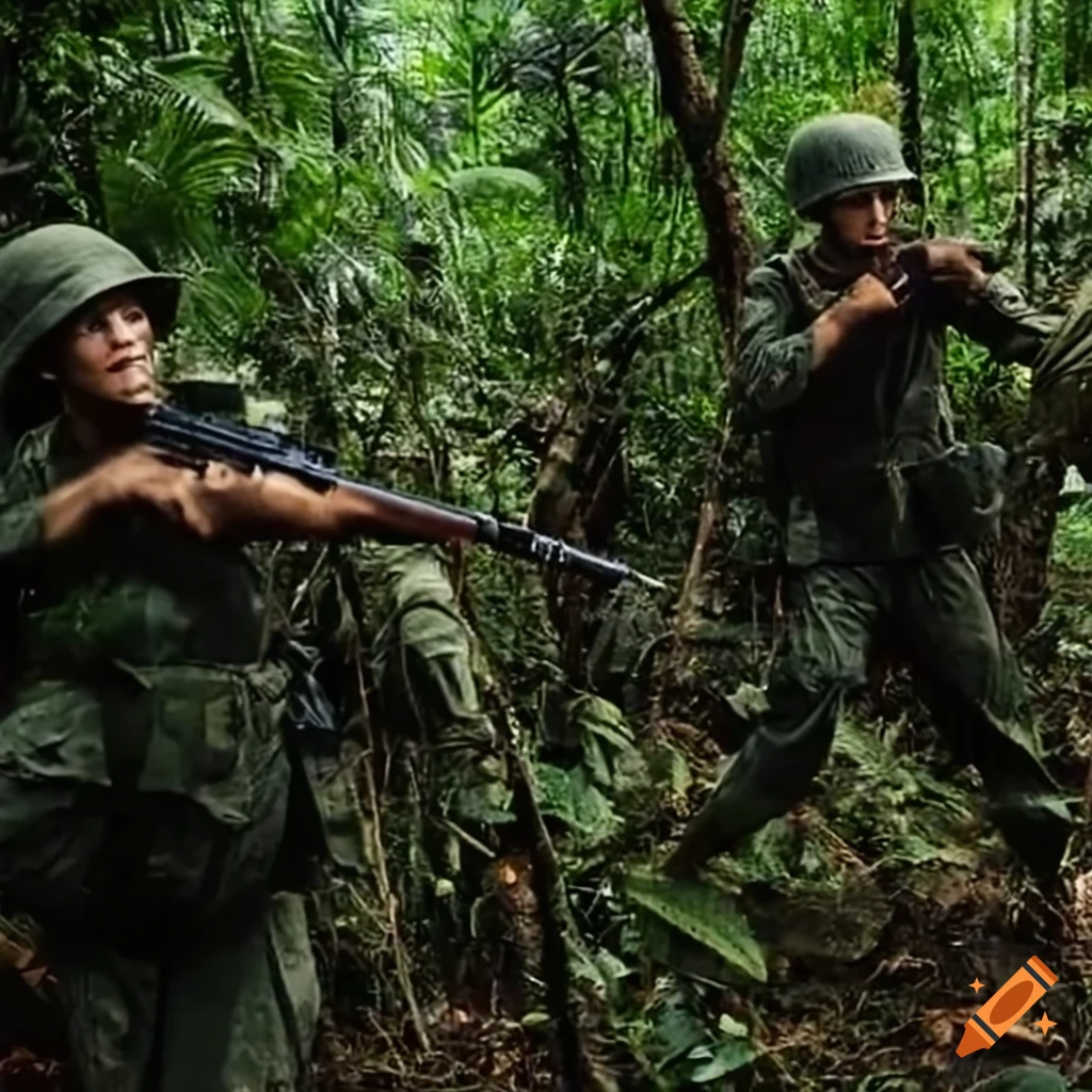 Us soldiers navigating dense jungle during vietnam war on Craiyon