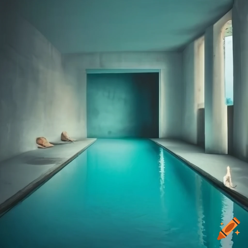 Concrete room with a pool connecting to the ocean in a liminal space on ...