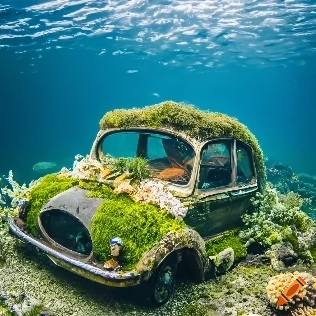 Underwater scene with an old mossy hobbit car surrounded by bubbles and ...