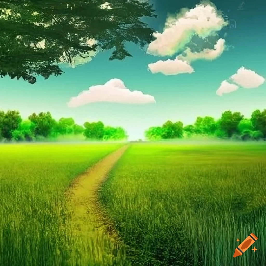 Serene landscape with green meadow, tall trees, and white clouds with ...