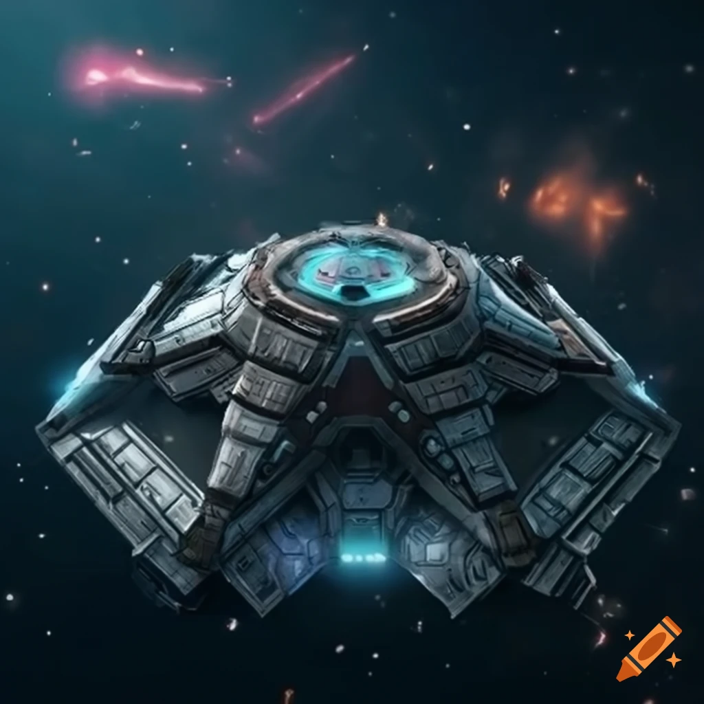 Spaceship base with sci-fi castle design and hexagonal theme on Craiyon