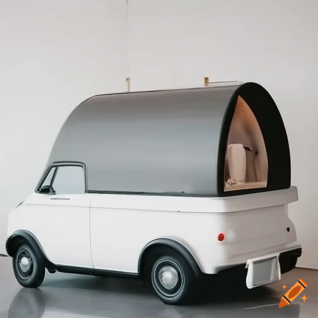 Scandinavian minimalist living pod on wheels attached to car on Craiyon