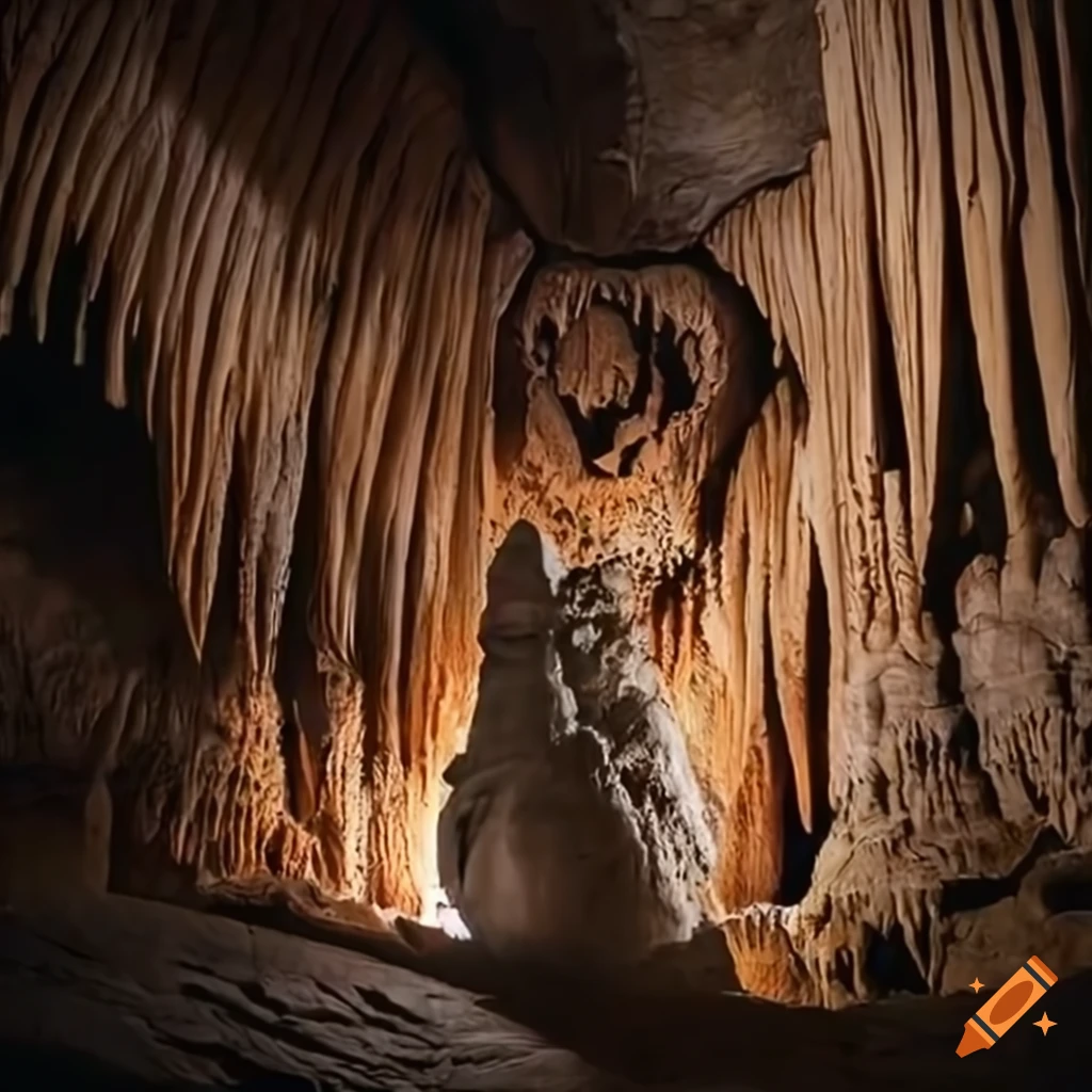 Intricately carved giant bat sculpture among cave stalactites on Craiyon