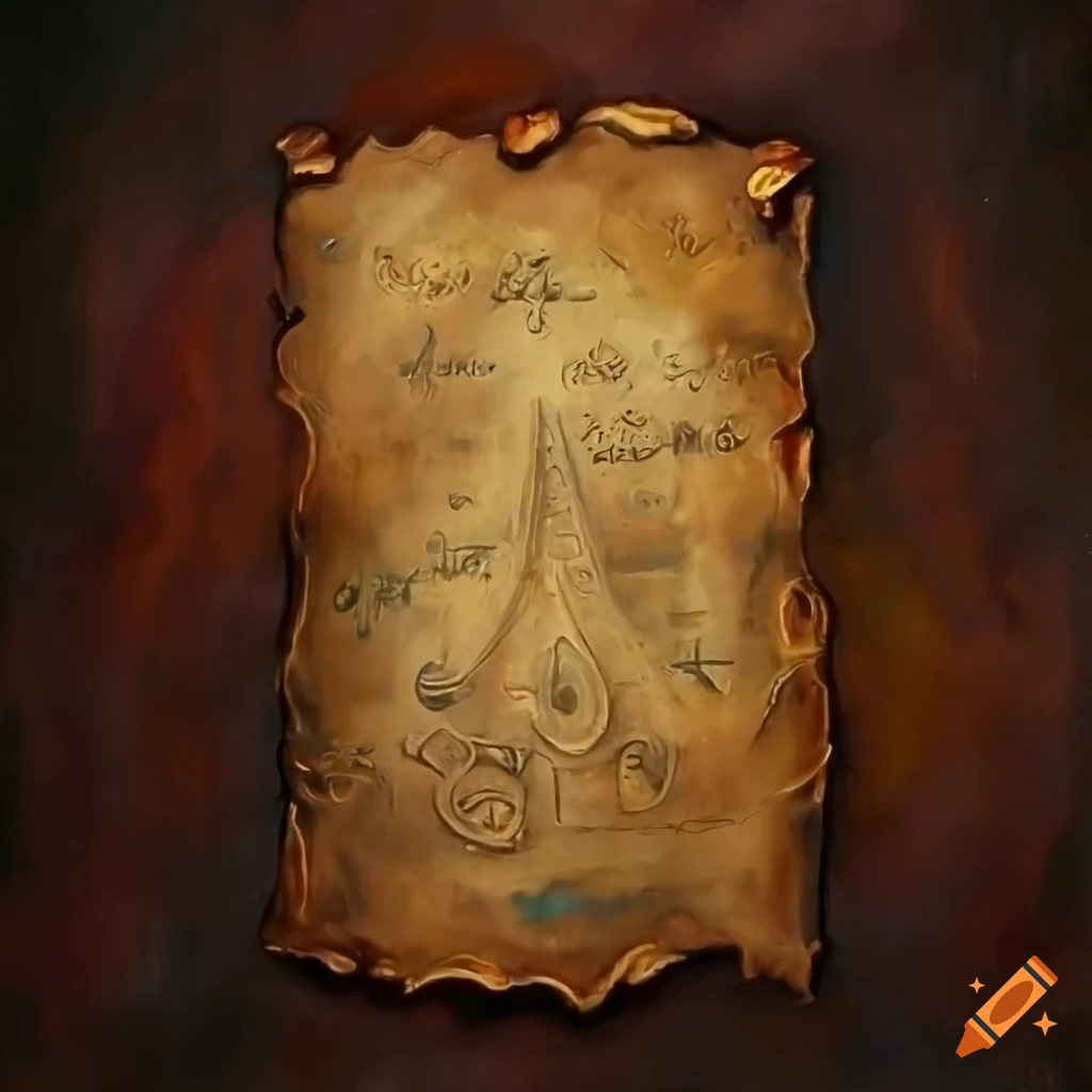 Intricately detailed oil painting of an ancient parchment with arcane ...
