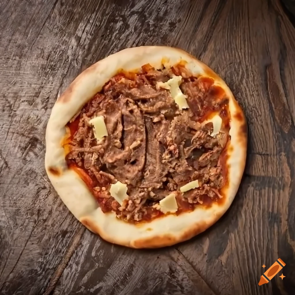Medieval flatbread with cheese and shredded meat on Craiyon