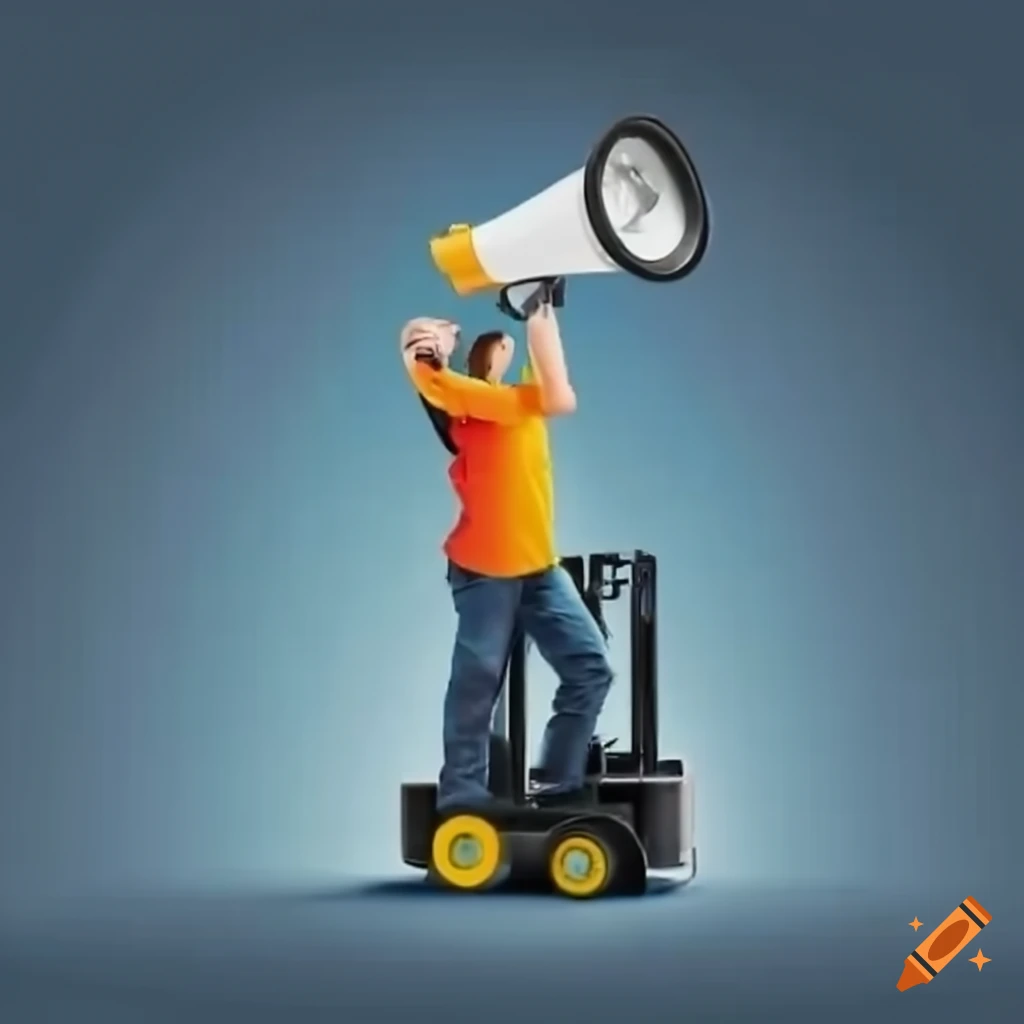 Man driving a forklift and shouting promotion through a megaphone on ...