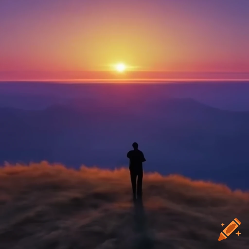 Person on hilltop gazing at beautiful sunrise over scenic landscape on ...