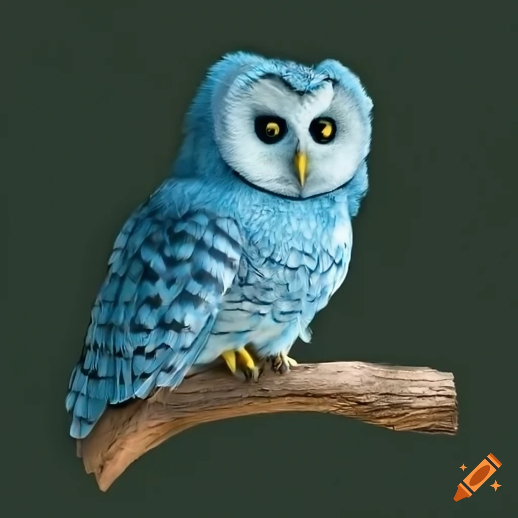 Charming blue owl perched on a tree branch with gentle expression on ...