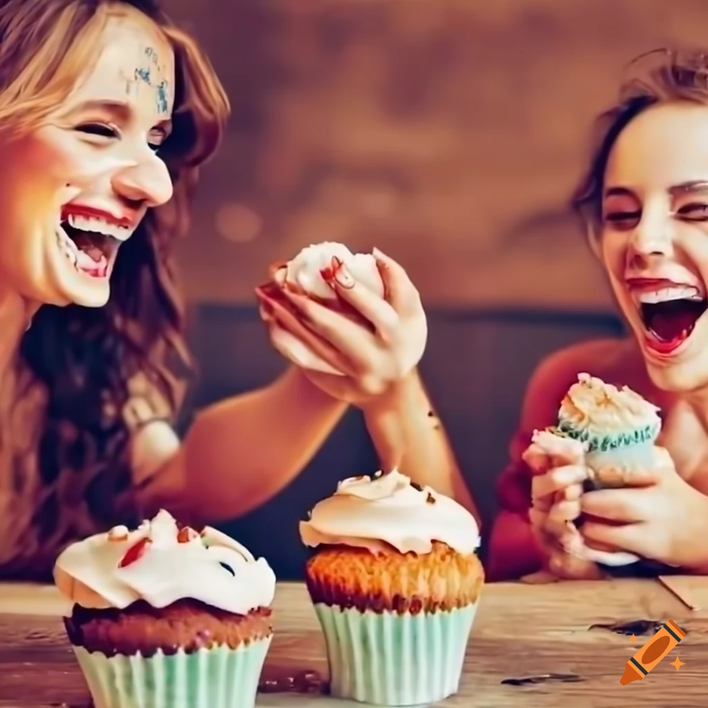 Two friends enjoying a messy and delicious cupcake on Craiyon