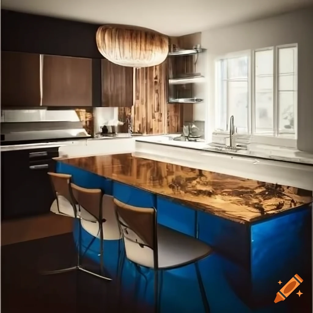 Modular kitchen with epoxy resin dining table on Craiyon