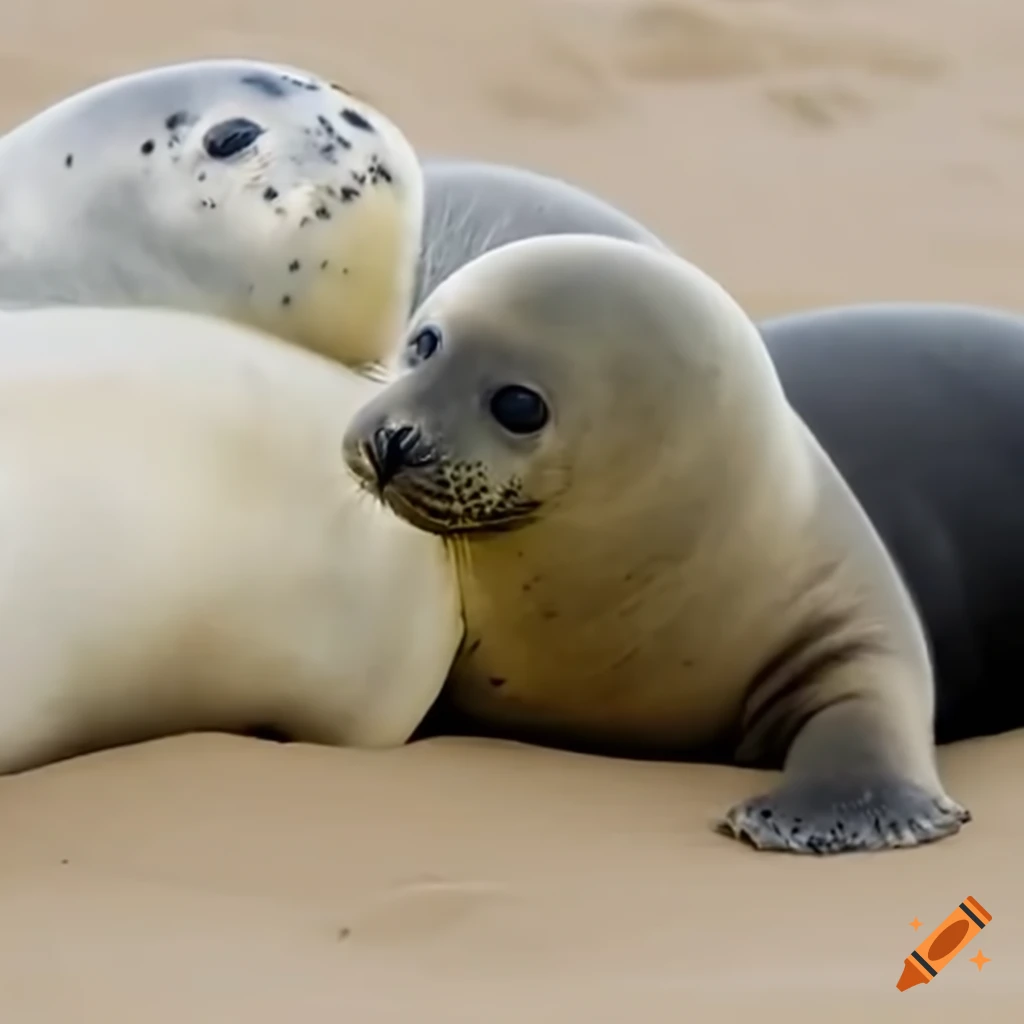 Adorable baby seals cuddling on the beach on Craiyon