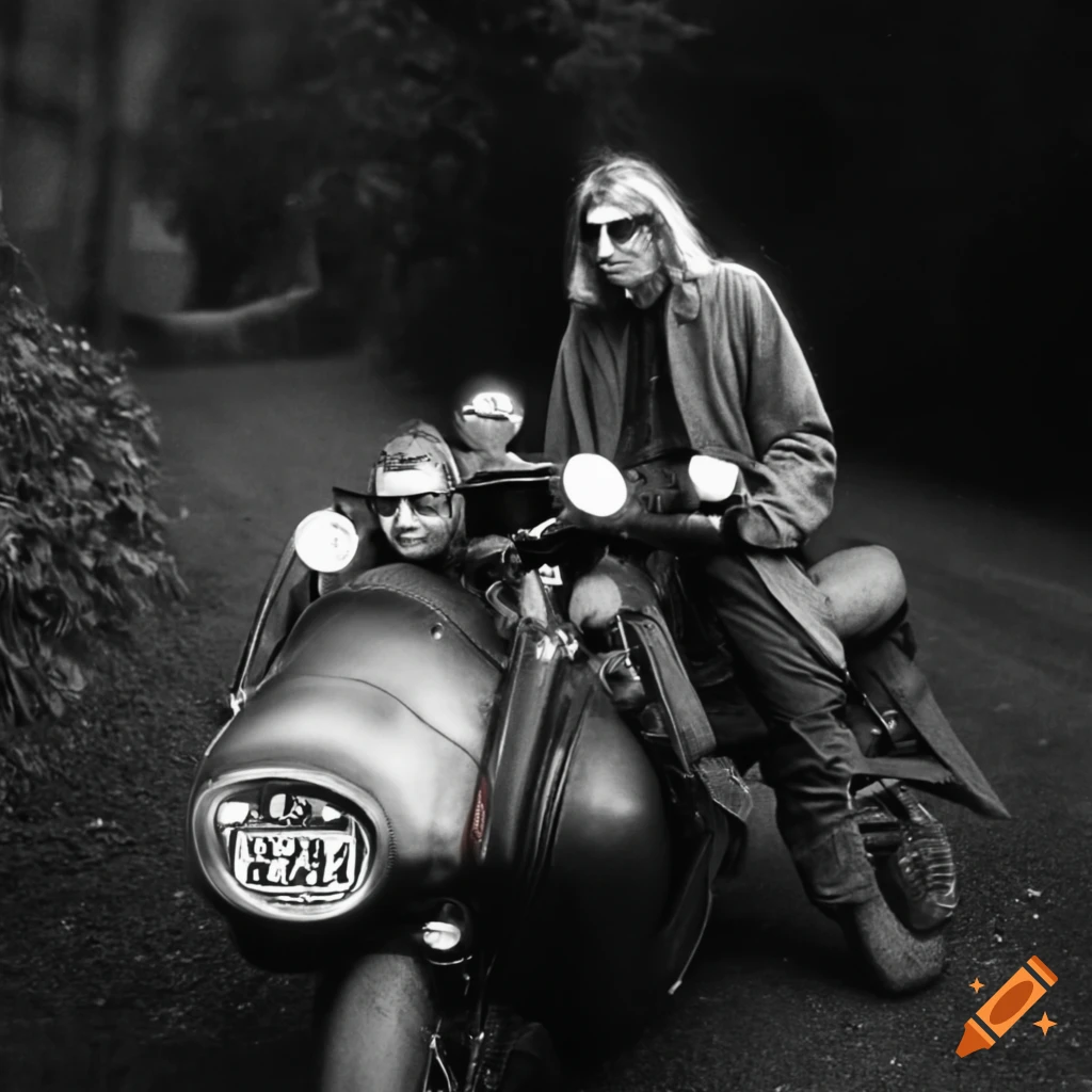 Kurt Cobain on German motorcycle with Ben Orr in sidecar (front view ...