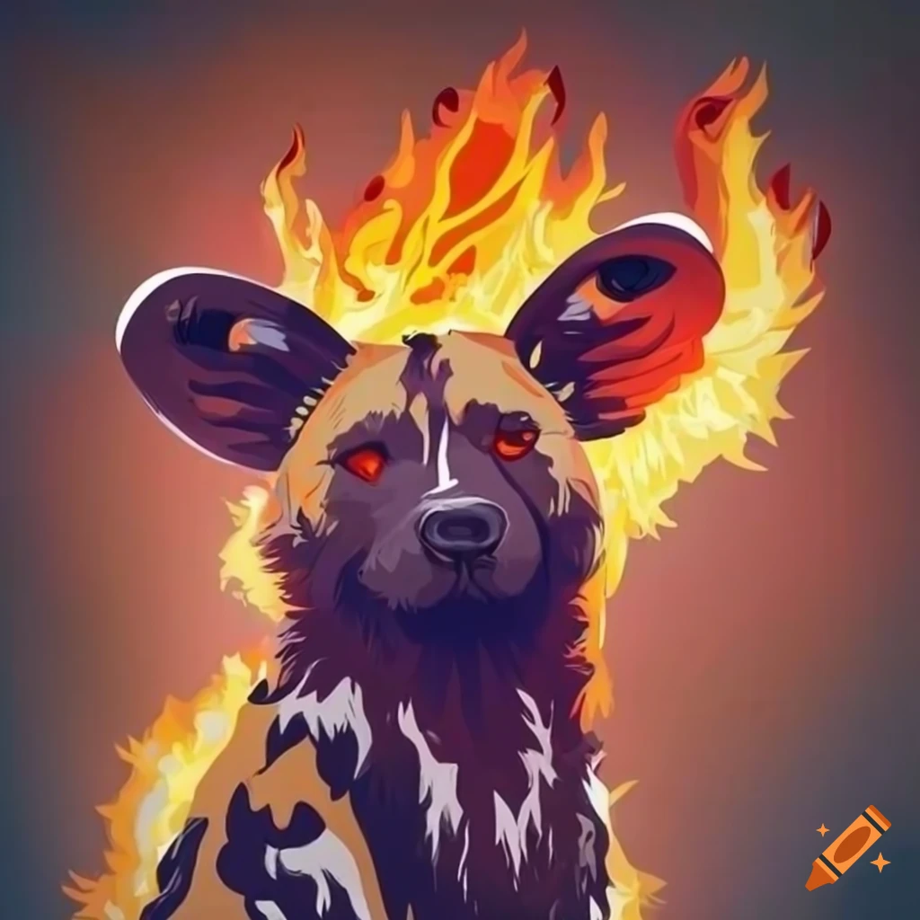 Illustration of a mythical fiery African wild dog exuding charisma and ...