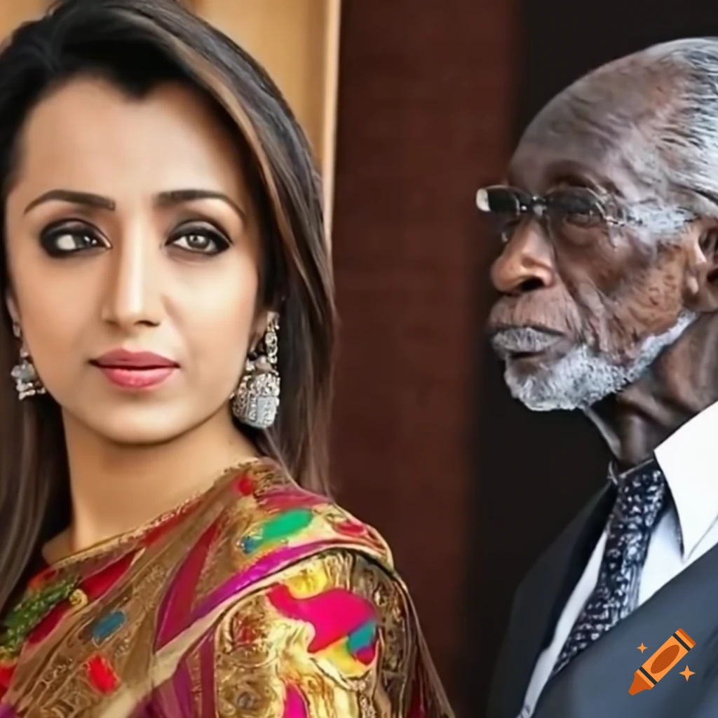 Young Trisha Krishnan in a formal coat meeting with a Ghanaian old man ...